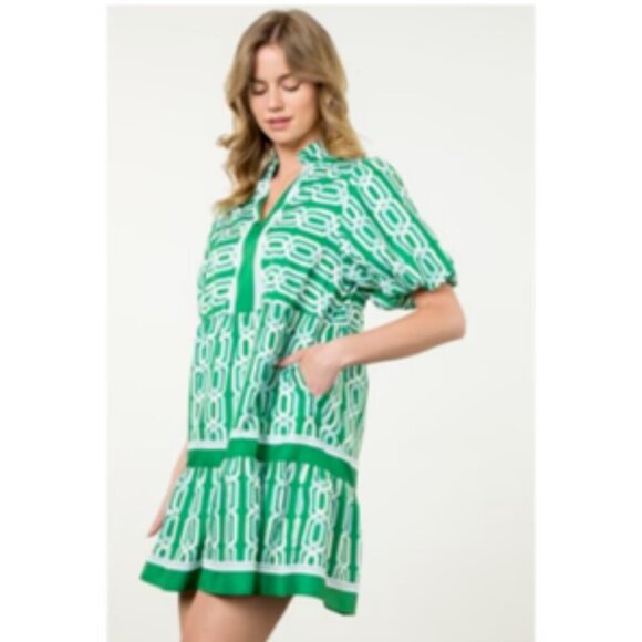 THML | Dresses | Thml Puff Sleeve Ruffled Tiered Green White Mini Dress ...